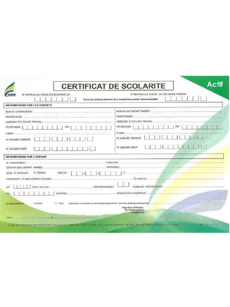 Certificat de Scolarité Recto - Actif-CPPF | PDF