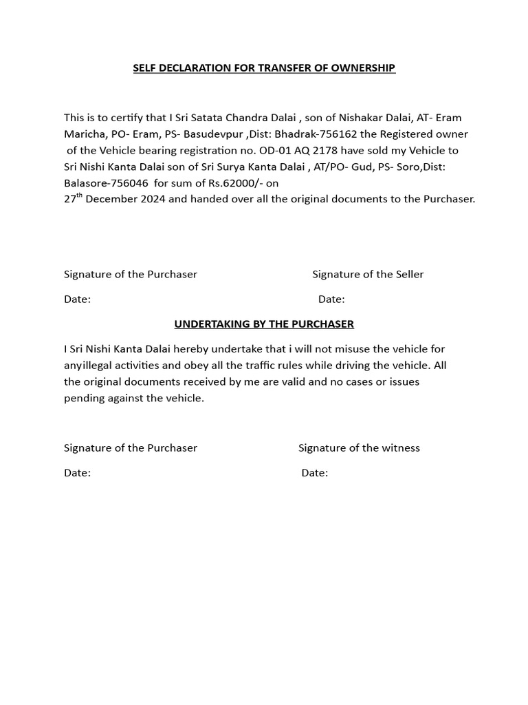Self Declaration For Transfer of Ownership - Compress | PDF