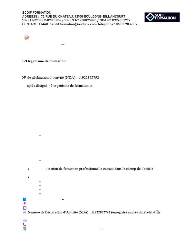 Contrat de Formation SODIF 2025 | PDF