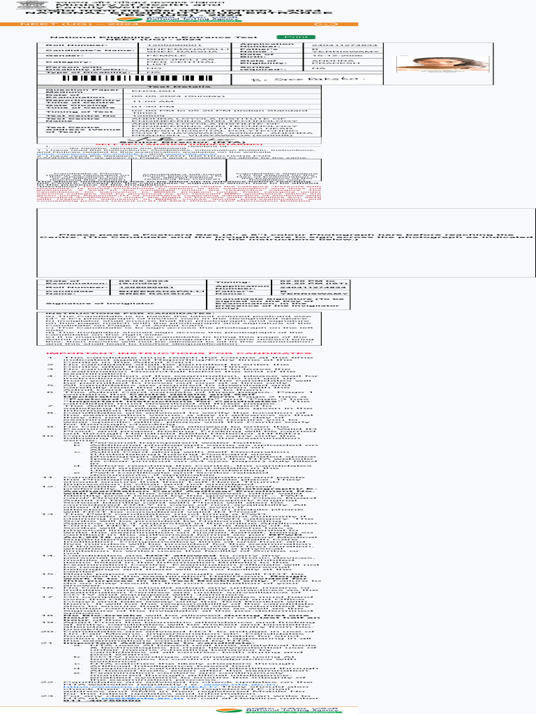 NEET UG 2024 Admit Card Details | PDF | Identity Document