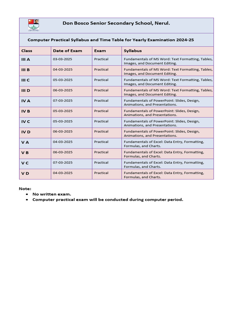 Computer Yearly Exam Practical Timetable-24-25 | PDF