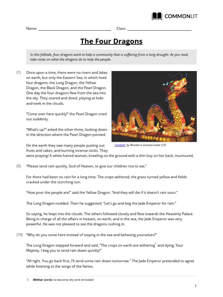 Commonlit The-Four-Dragons Student | PDF | Dragon | Folklore