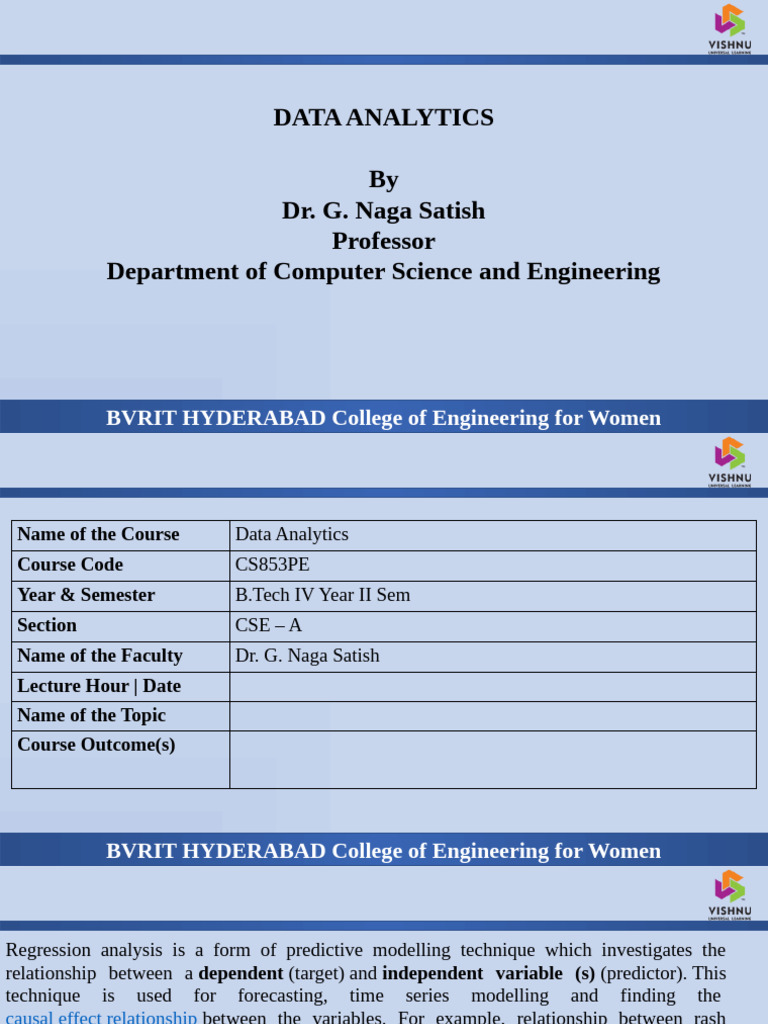 Data Analytics Class - Unit-Iv | PDF | Regression Analysis | Dependent And Independent Variables