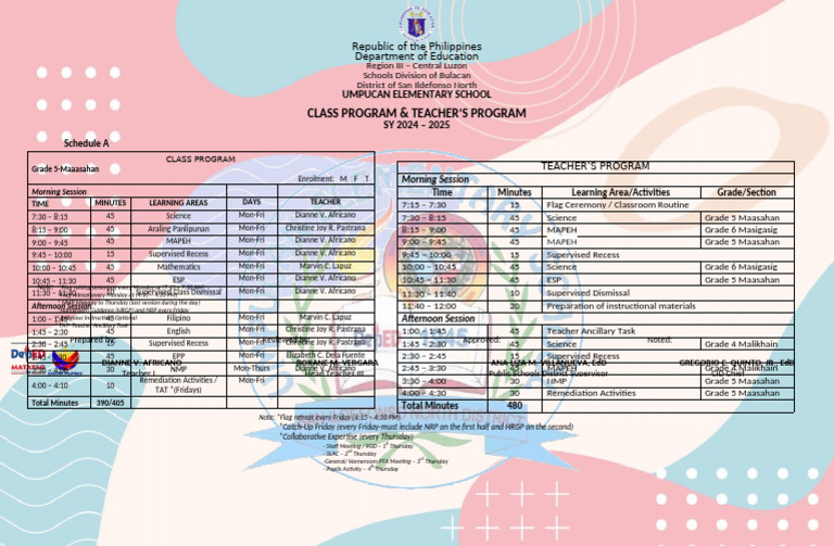 UES - CLASS Program - Grade 5 - Schedule A | PDF