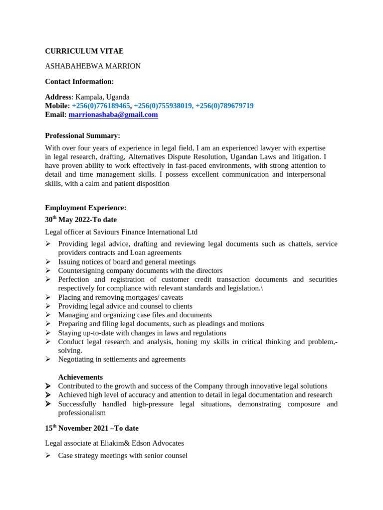 Legal CV of Ashabahebwa Marrion | PDF | Lawyer | Advocate