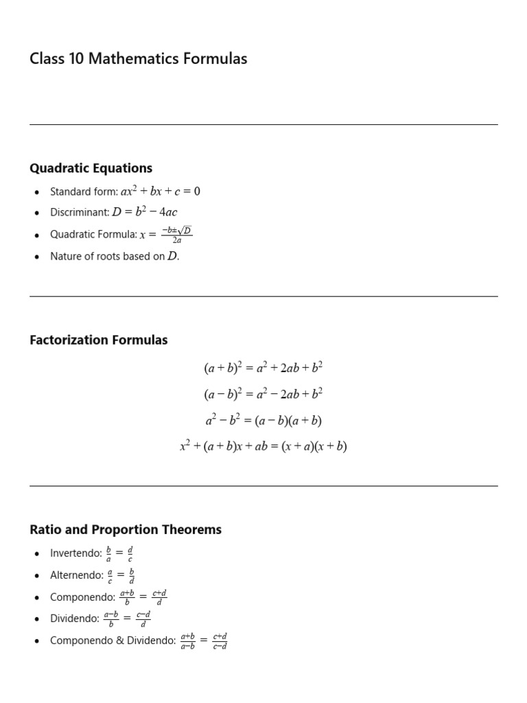 Important Formulas Used in 10 Class Mathematics | PDF | Trigonometry ...