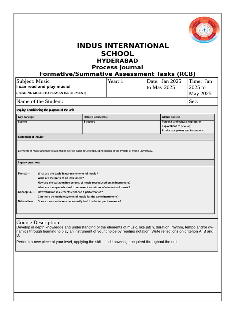 GRD-6 - Music - Unit 2 - Process Journal - FA, SA - (RCB) - Criteria-A ...