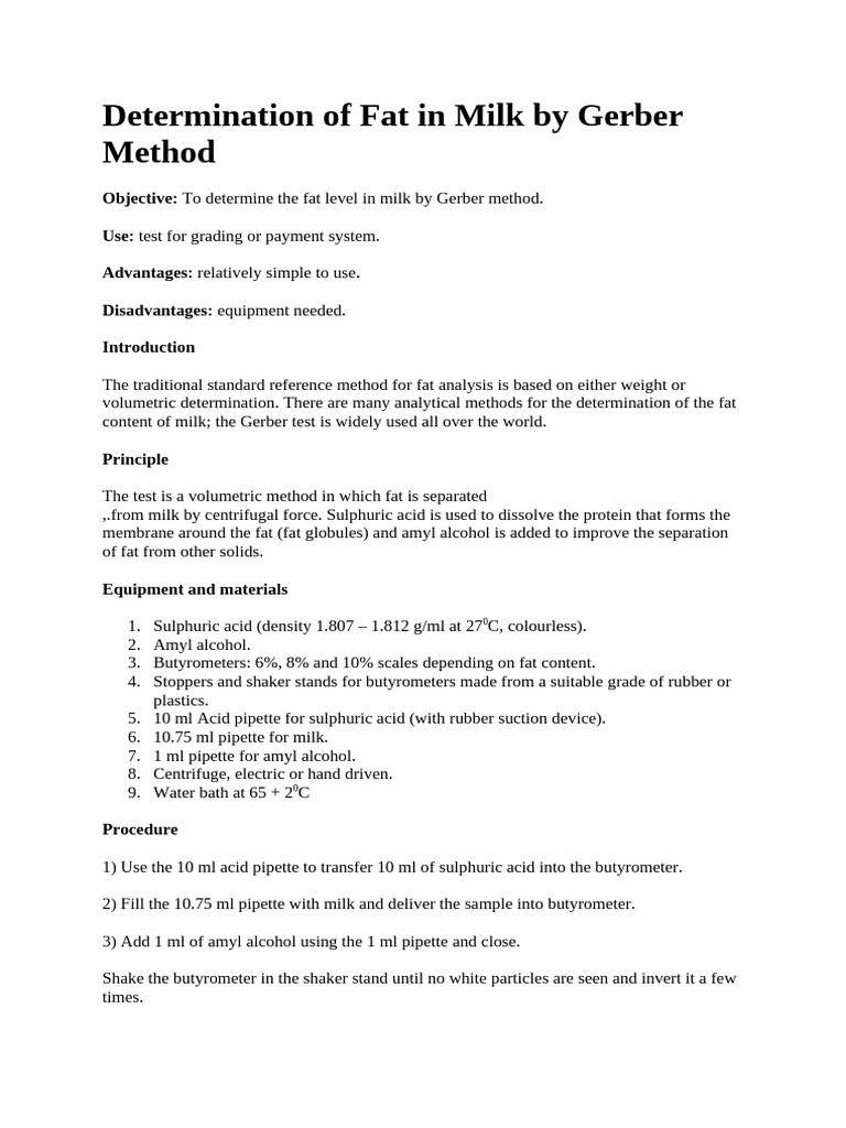 Determination of Fat in Milk by Gerber Method | PDF | Milk | Water