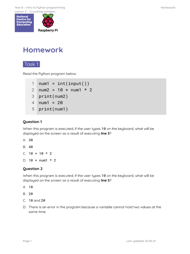 L2 Homework - Intro To Python Programming - Y8 | PDF