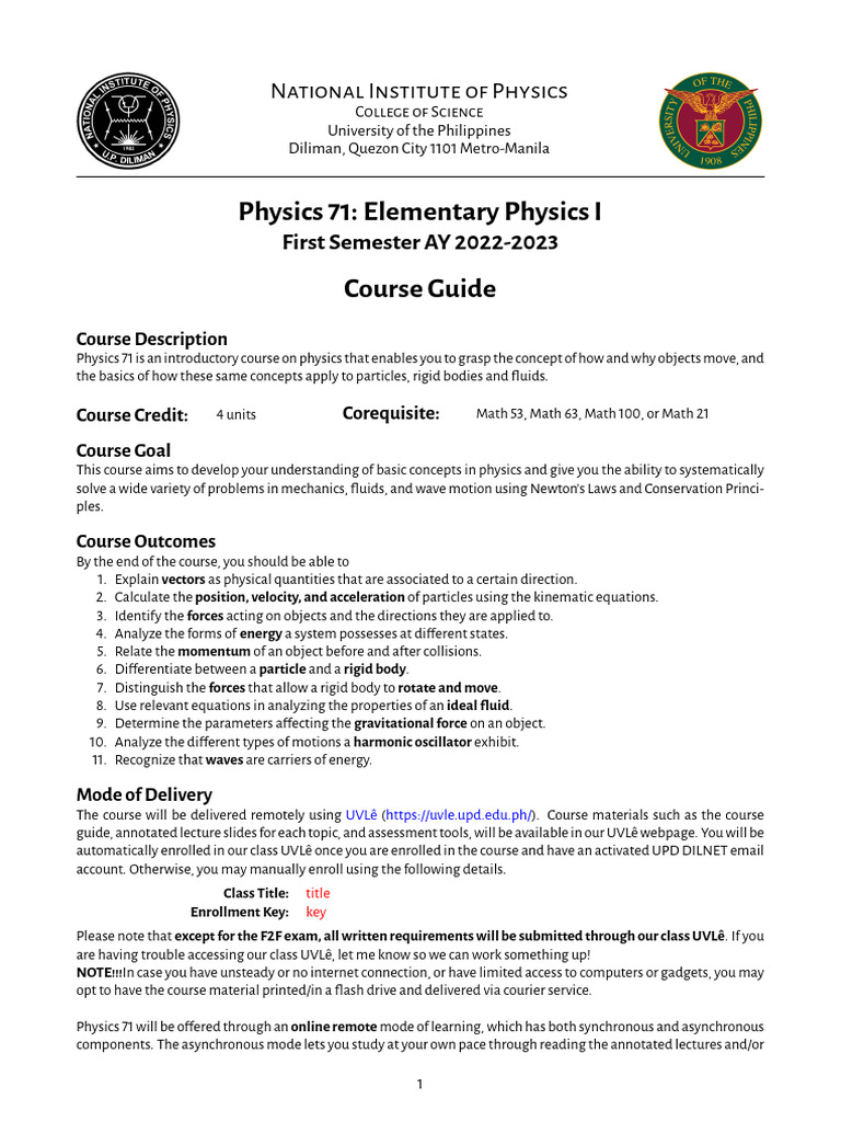 Physics 71 First Sem 2022-2023 Course Guide | PDF | Rotation Around A ...