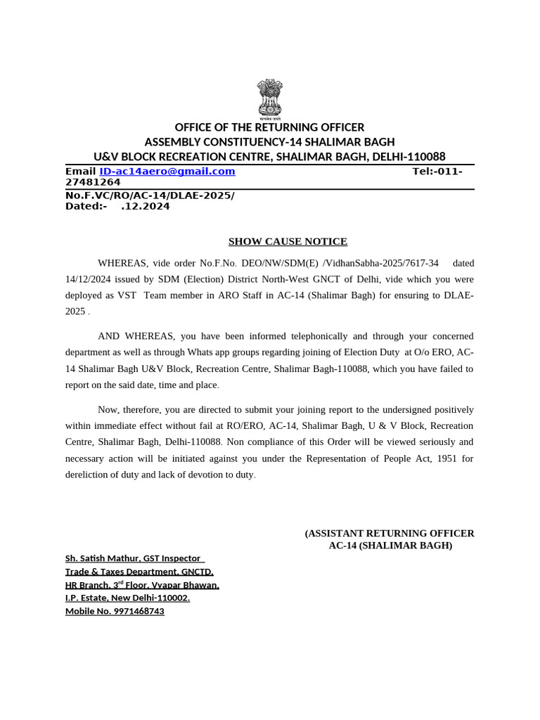 Show Cause Notice for Election Duty Noncompliance | PDF