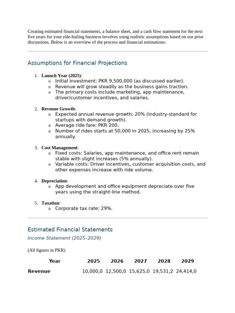 Assumptions For Financial Projections | PDF | Expense | Equity (Finance)