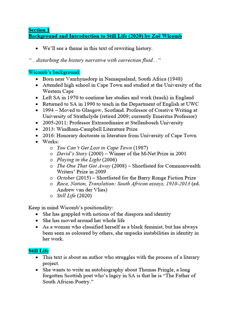 Still Life English Notes Final | PDF