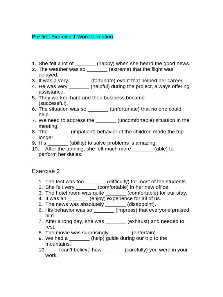 Pre First Exercise 1 Word Formation Pre Fce Agus Thiago | PDF | Thought ...
