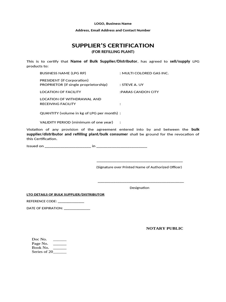 LPG Supplier Certification Document | PDF