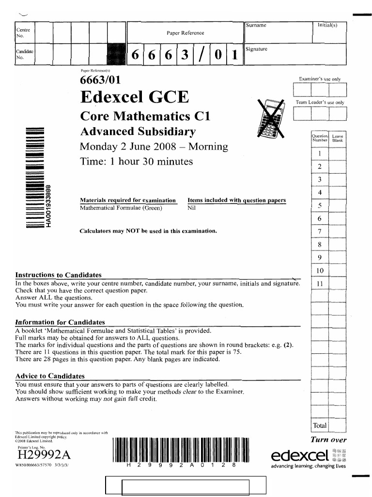 6663-01 Core Mathematics C1 | PDF