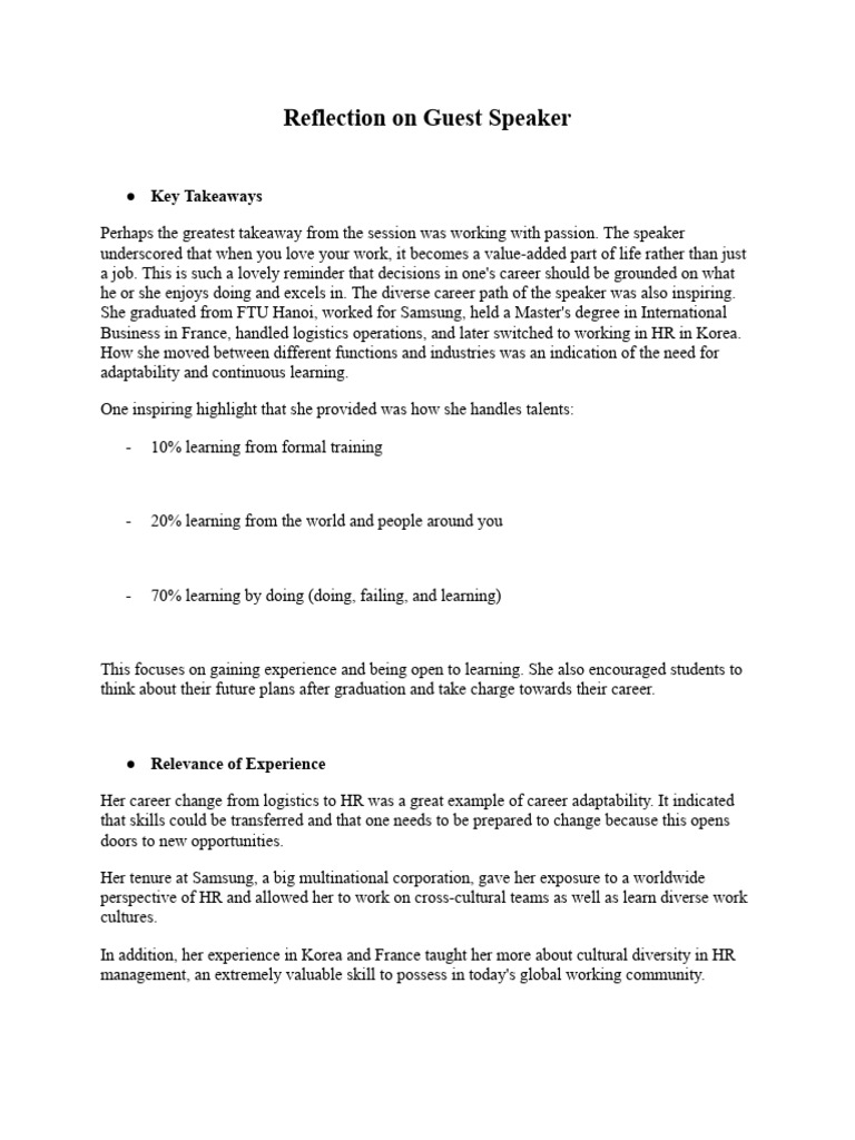 Reflection on Guest Speaker - HRM 2 - Đinh Gia Bảo Khuyên - 23006303 | PDF | Learning | Mentorship