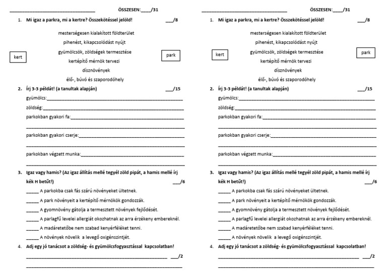 Környezet - Park És Kert - Röpdolgozat | PDF