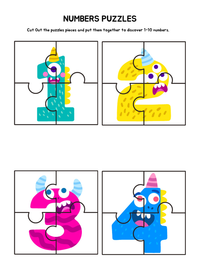 Colorful Four Pieces Numbers 1 - 10 Puzzles Worksheets PDF | PDF