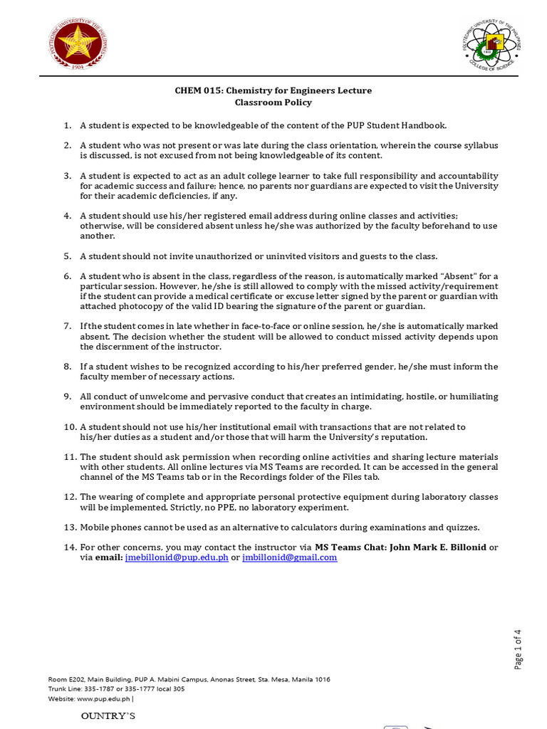CHEM 015 Classroom Policies & Requirements | PDF