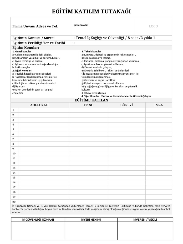 Temel İş Sağliği Eği̇ti̇m Katilim Formu | PDF