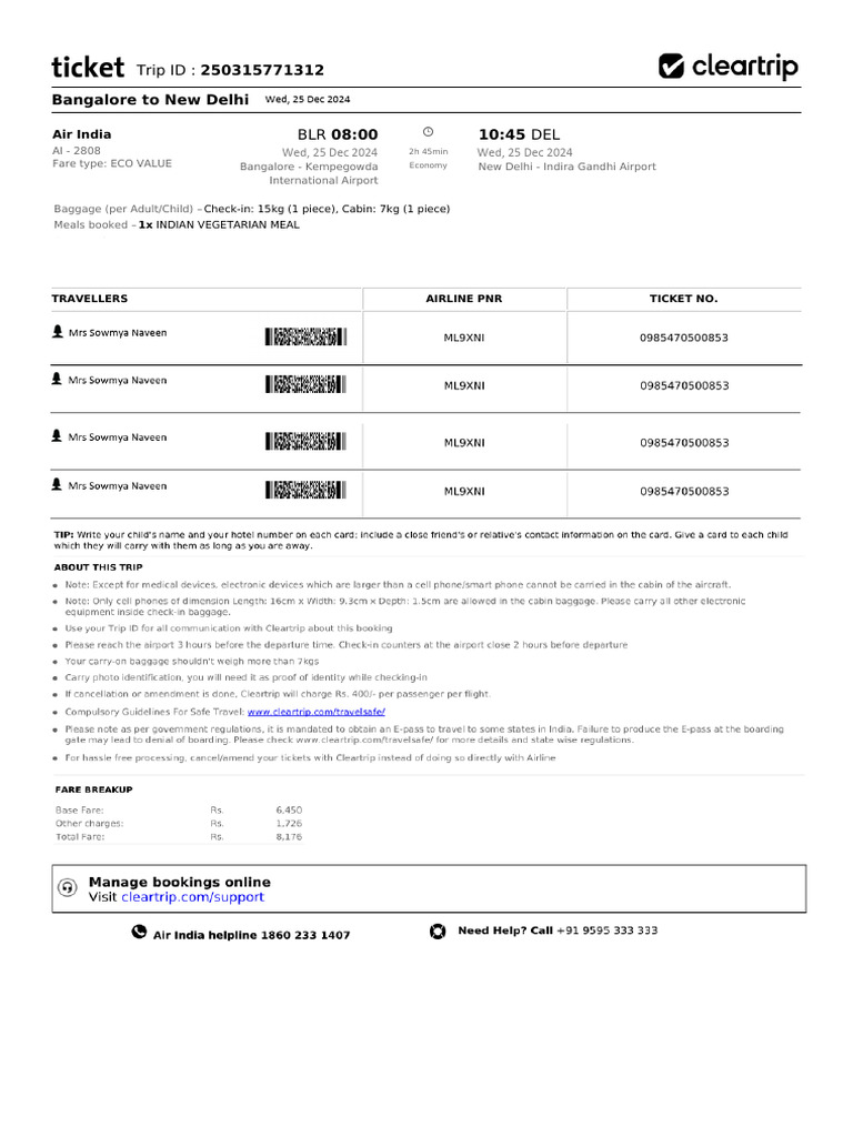 Cleartrip Flight Domestic E-Ticket-1 - 250325 - 162009 | PDF ...