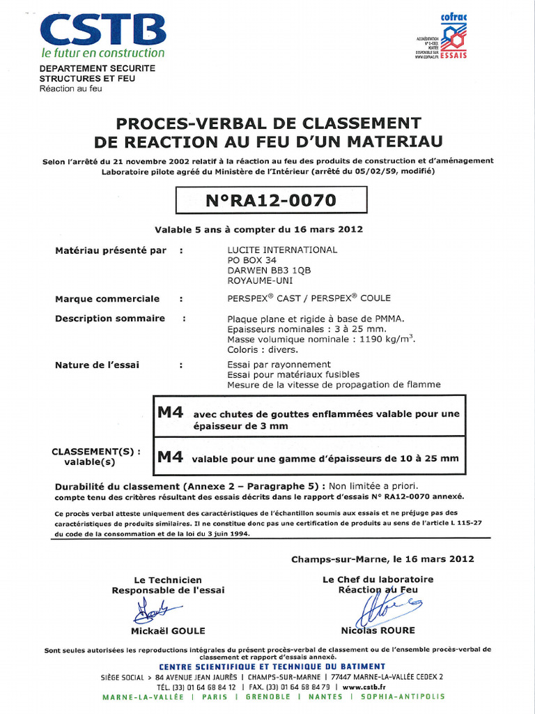 Perspex Fire Test Certificate NF P 92 French (Cast) 2012 | PDF