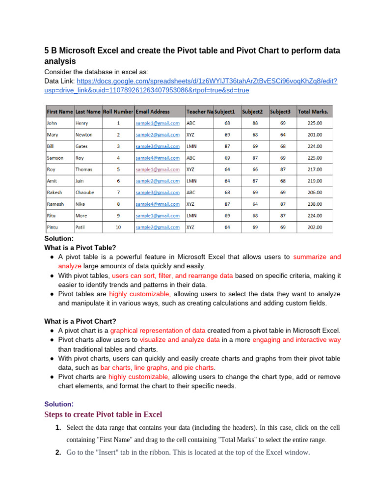 5 B Microsoft Excel and create the Pivot table and Pivot Chart to perform data analysis | PDF ...