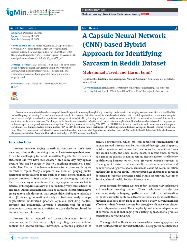 A Capsule Neural Network (CNN) Based Hybrid Approach For Identifying Sarcasm in Reddit Dataset ...