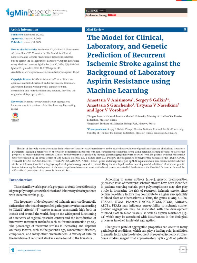 The Model for Clinical, Laboratory, and Genetic Prediction of Recurrent Ischemic Stroke against ...