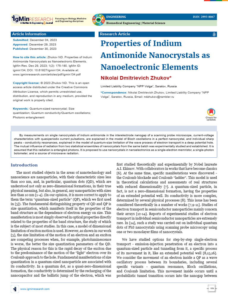 Properties of Indium Antimonide Nanocrystals As Nanoelectronic Elements ...