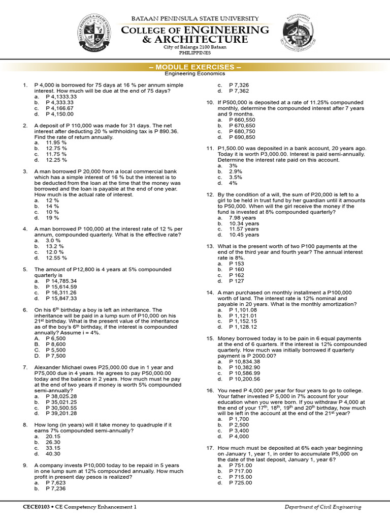 4.1 Module Exercises - Engineering Economics | PDF | Depreciation ...