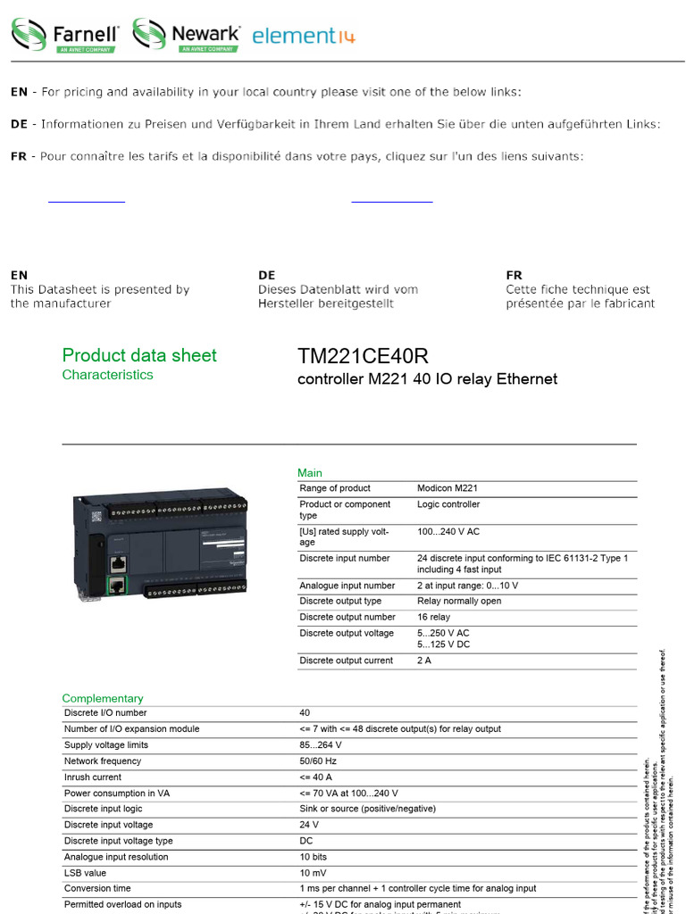 1.PLC M221 TM2221CE40R Data Sheet Wiring | PDF | Relay | Electrical Engineering