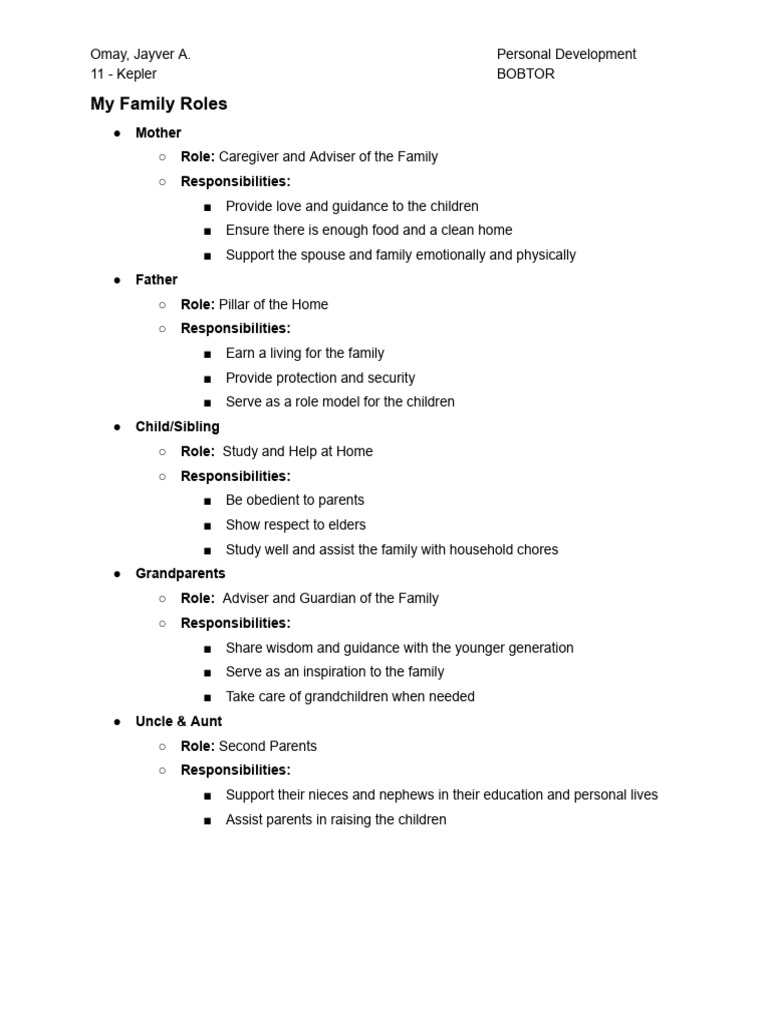 Family Roles Perdev Activity 6 | PDF