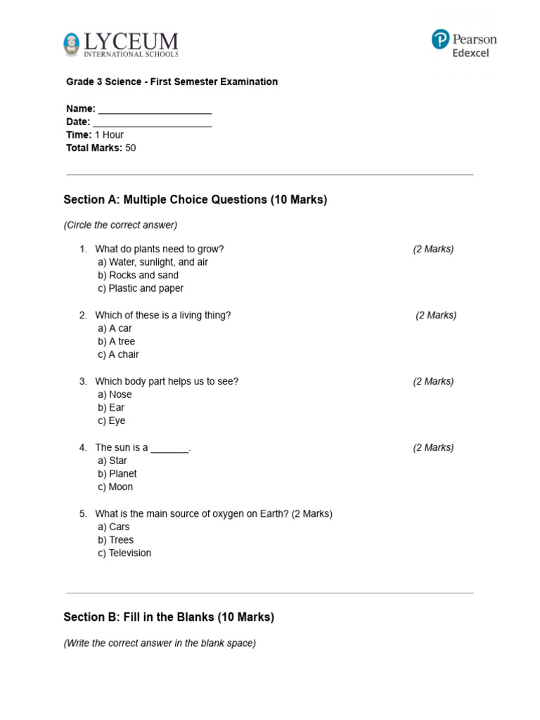 Grade 3 Science Exam - First Semester | PDF