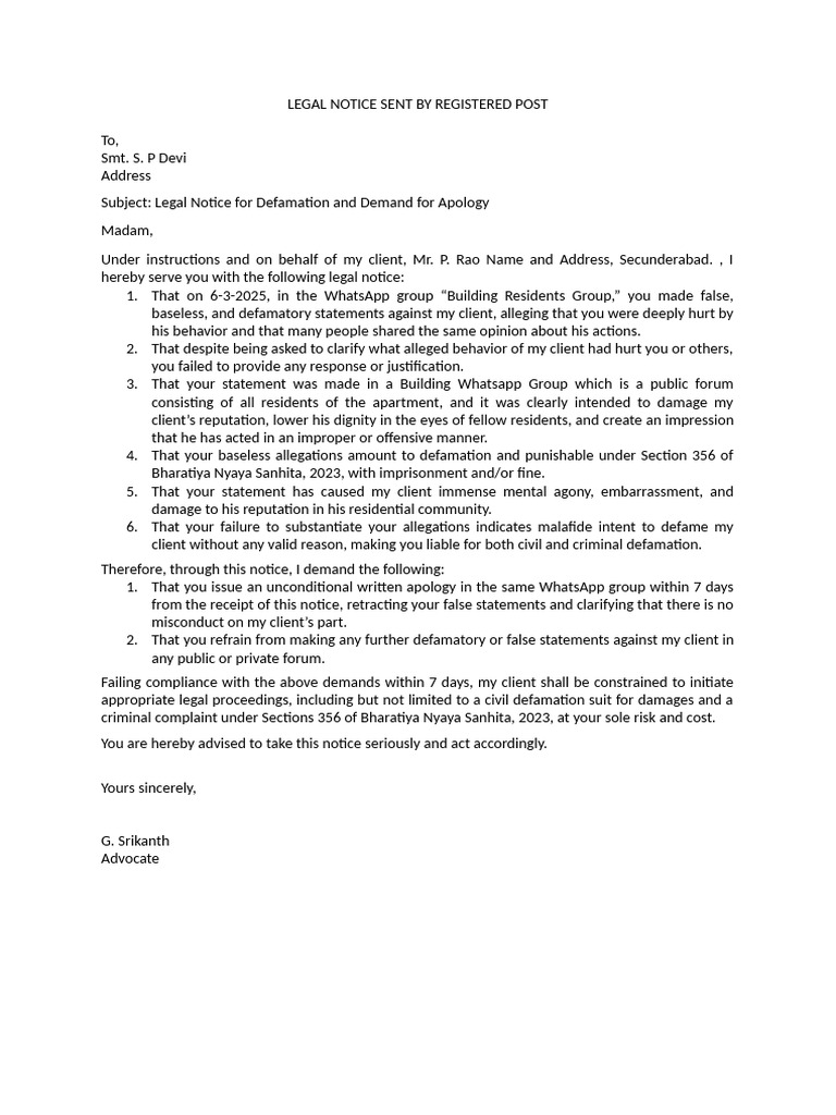 Defamation Notice | PDF