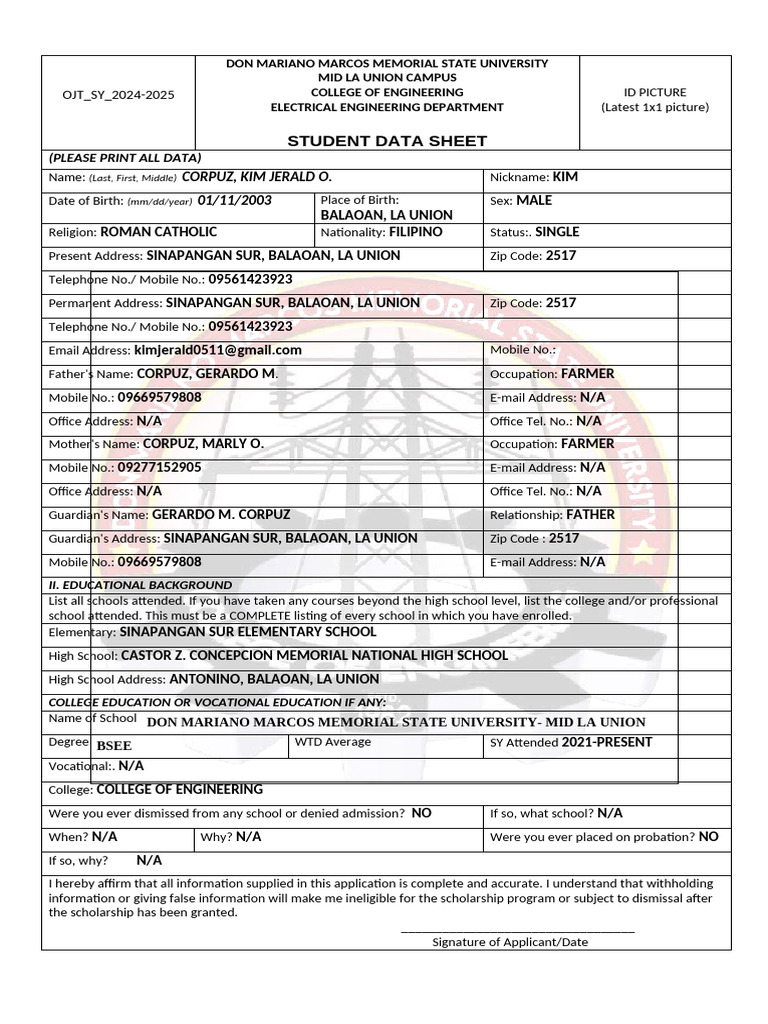 Student Data Sheet | PDF