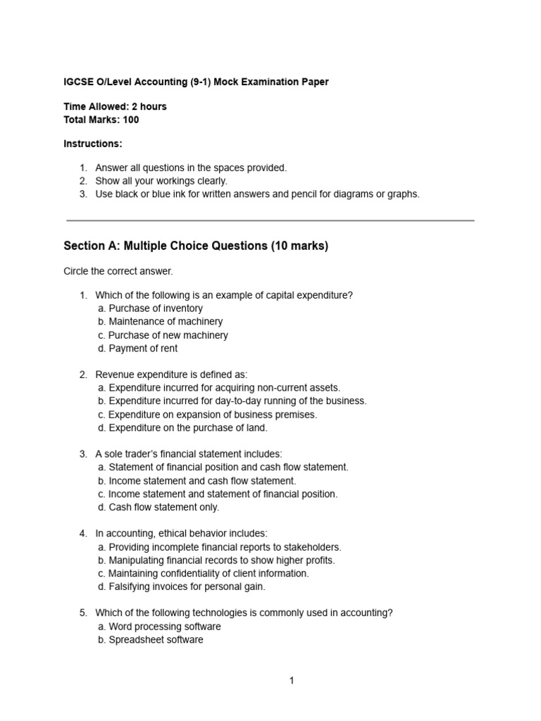 IGCSE O - Level Accounting (9-1) Mock Examination Paper | PDF | Expense ...