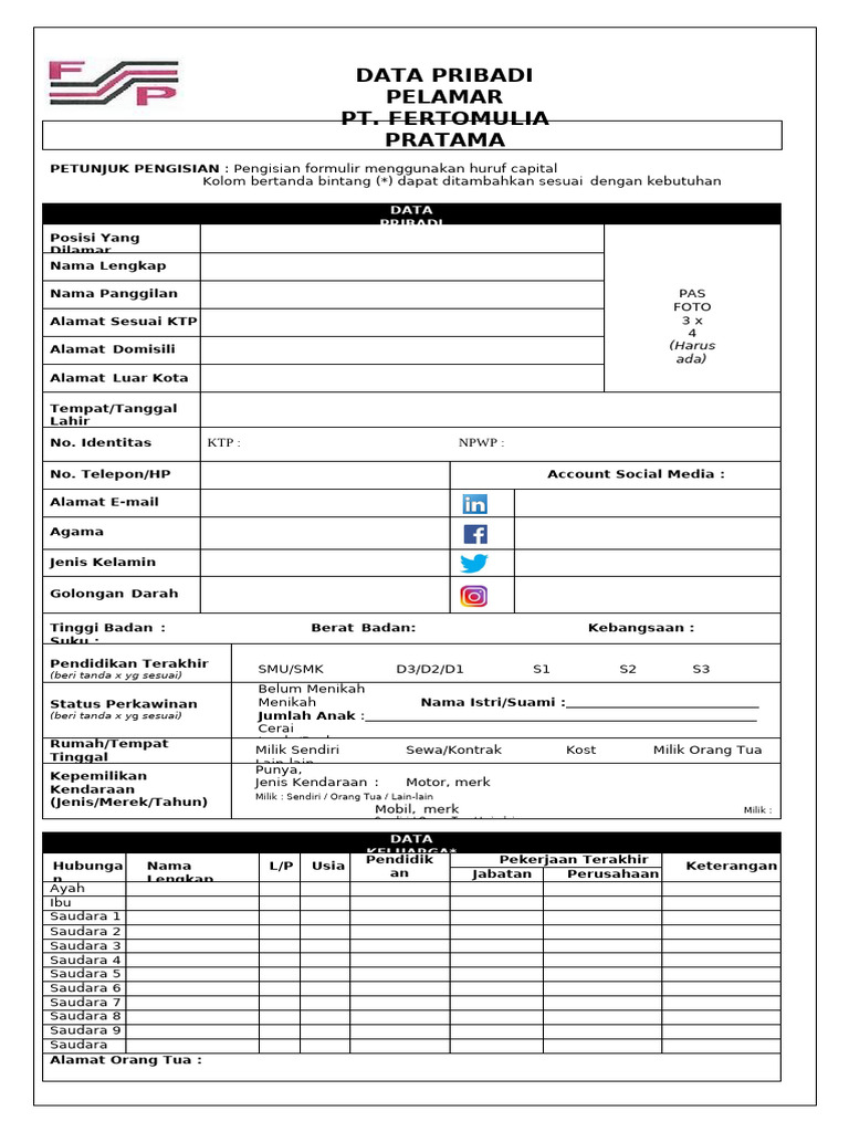 Form Data Pelamar PT Fertomulia Pratama Revisi | PDF
