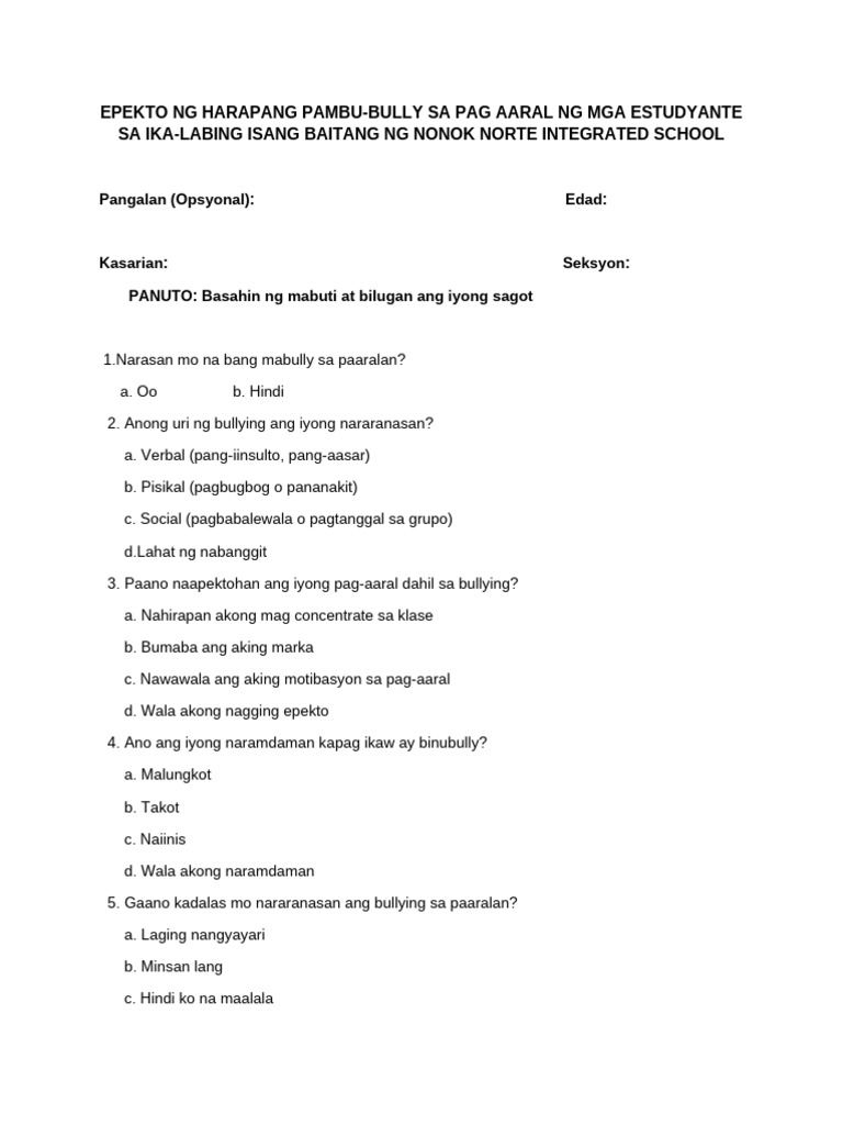 Katanungan-Epekto NG Harapang Pambubully | PDF