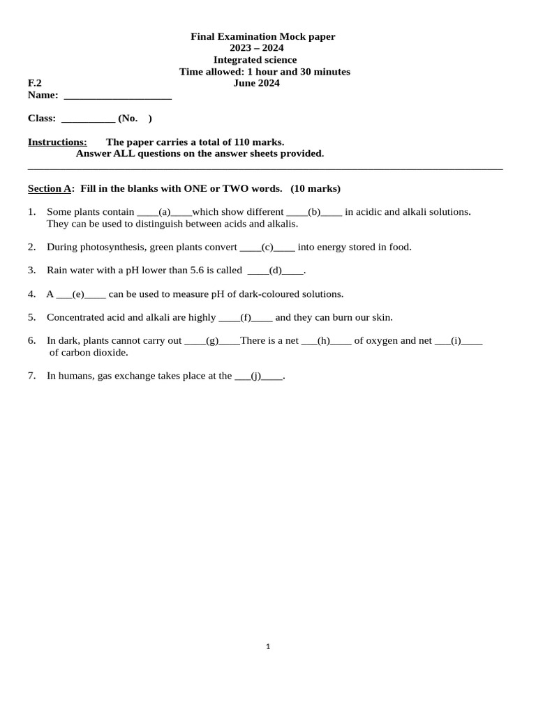 Final Examination Mock Paper (F2 IS) | PDF | Photosynthesis | Acid