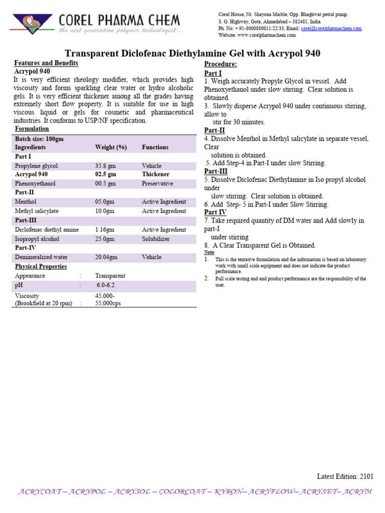 Transparent Diclofenac Gel with Acrypol 940 | PDF | Soft Matter