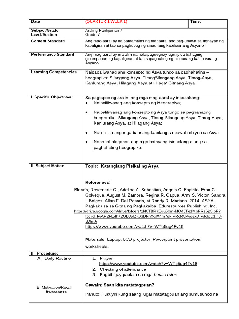 LP - AP7 - Q1 - Week 1 - TINGSON | PDF