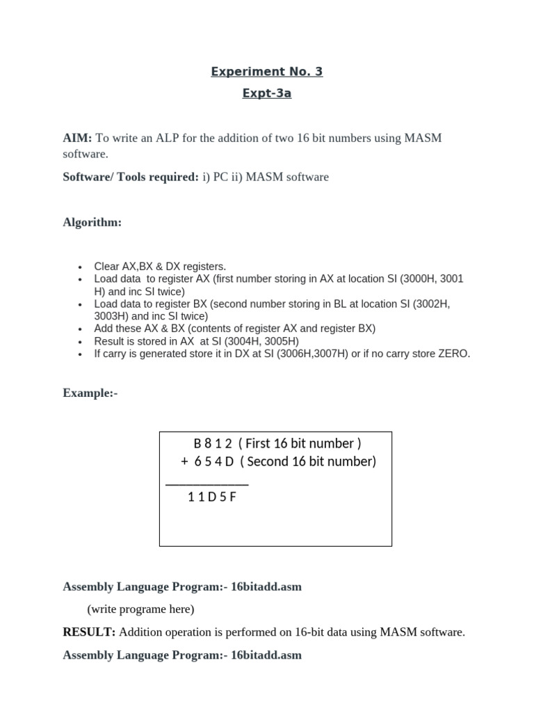 Expt 3 16bit Add-Sub | PDF | Assembly Language | Software Engineering