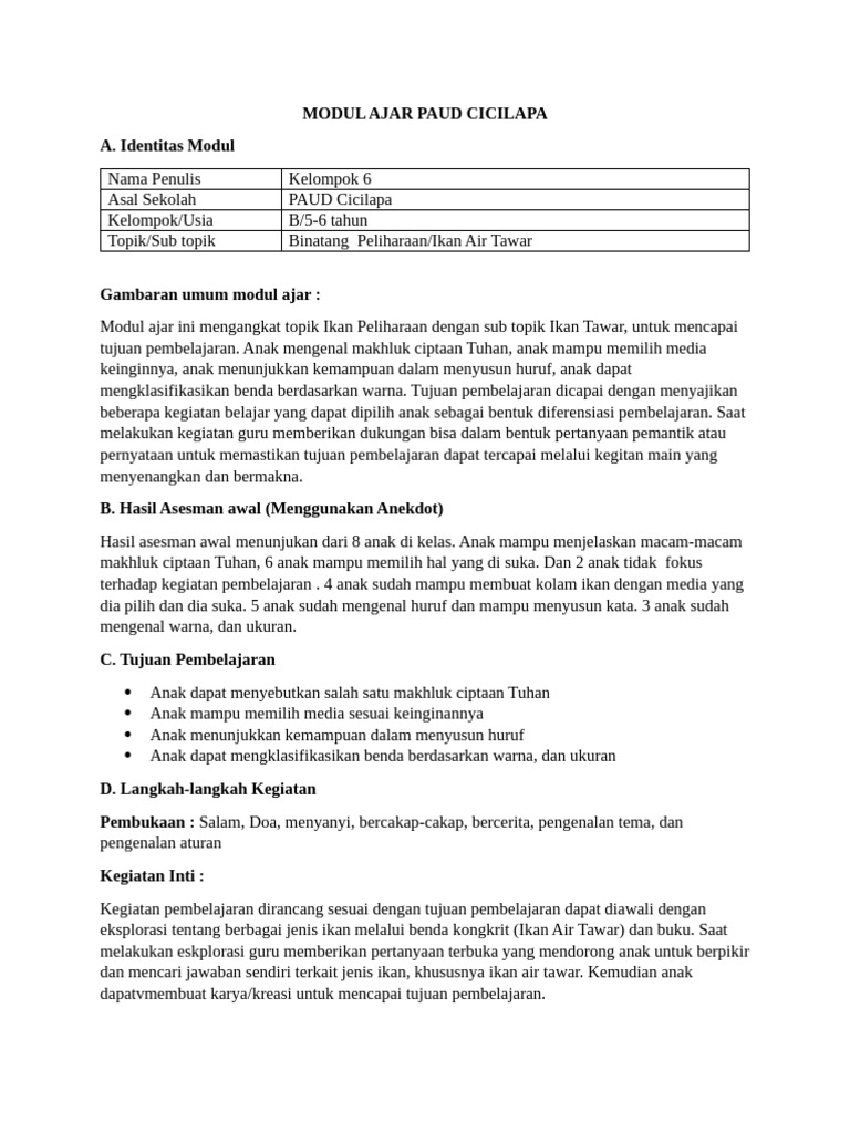 MODUL AJAR PAUD CICILAPA. Kel 6 | PDF