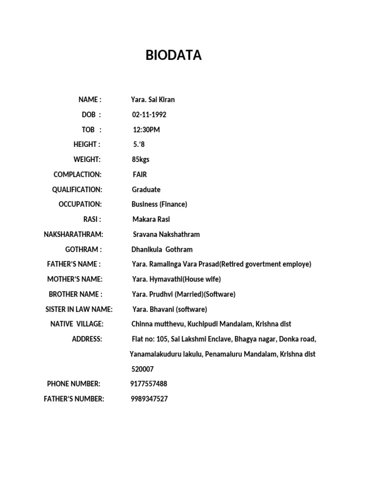 Yara Sai Kiran's Personal Biodata | PDF