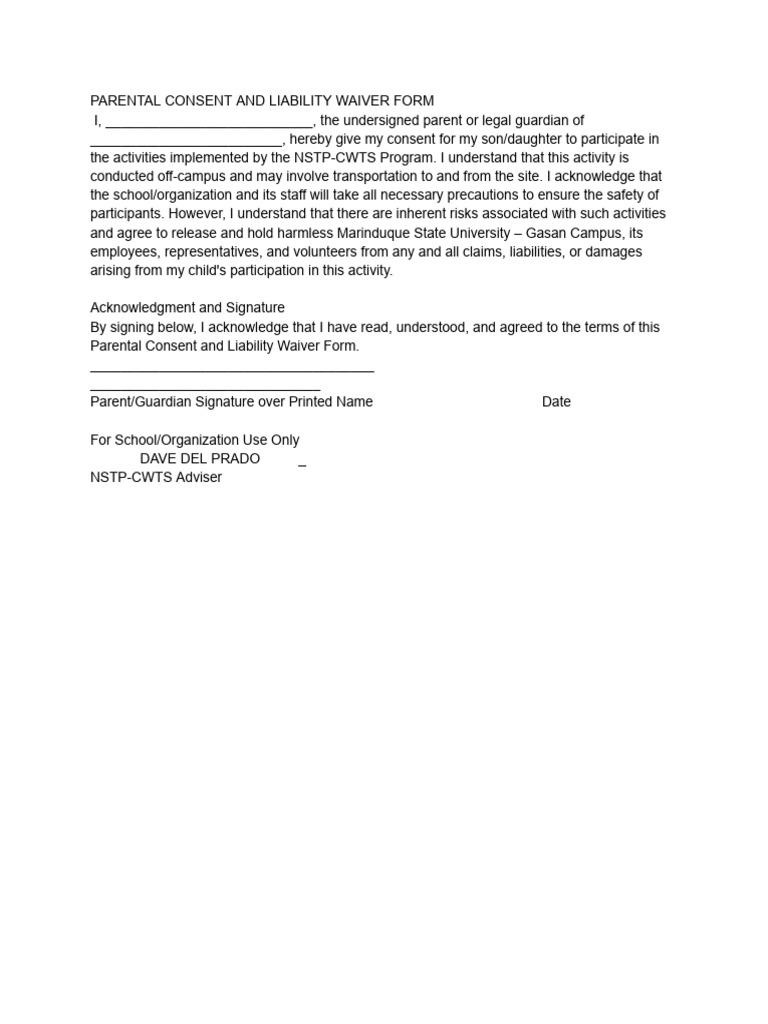 Parental Consent & Liability Waiver Form | PDF