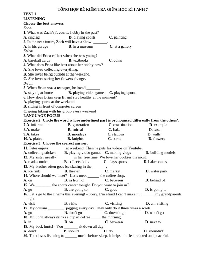 TỔNG HỢP ĐỀ KIỂM TRA GIỮA HỌC KÌ I ANH 7 | PDF