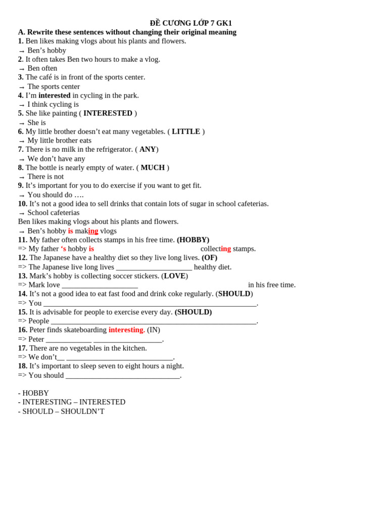 ĐỀ CƯƠNG LỚP 7 GK1 | PDF