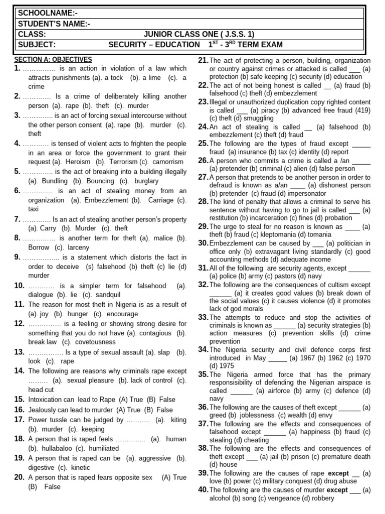 JSS1 Security Education Exam Questions | PDF | Crimes | Crime & Violence